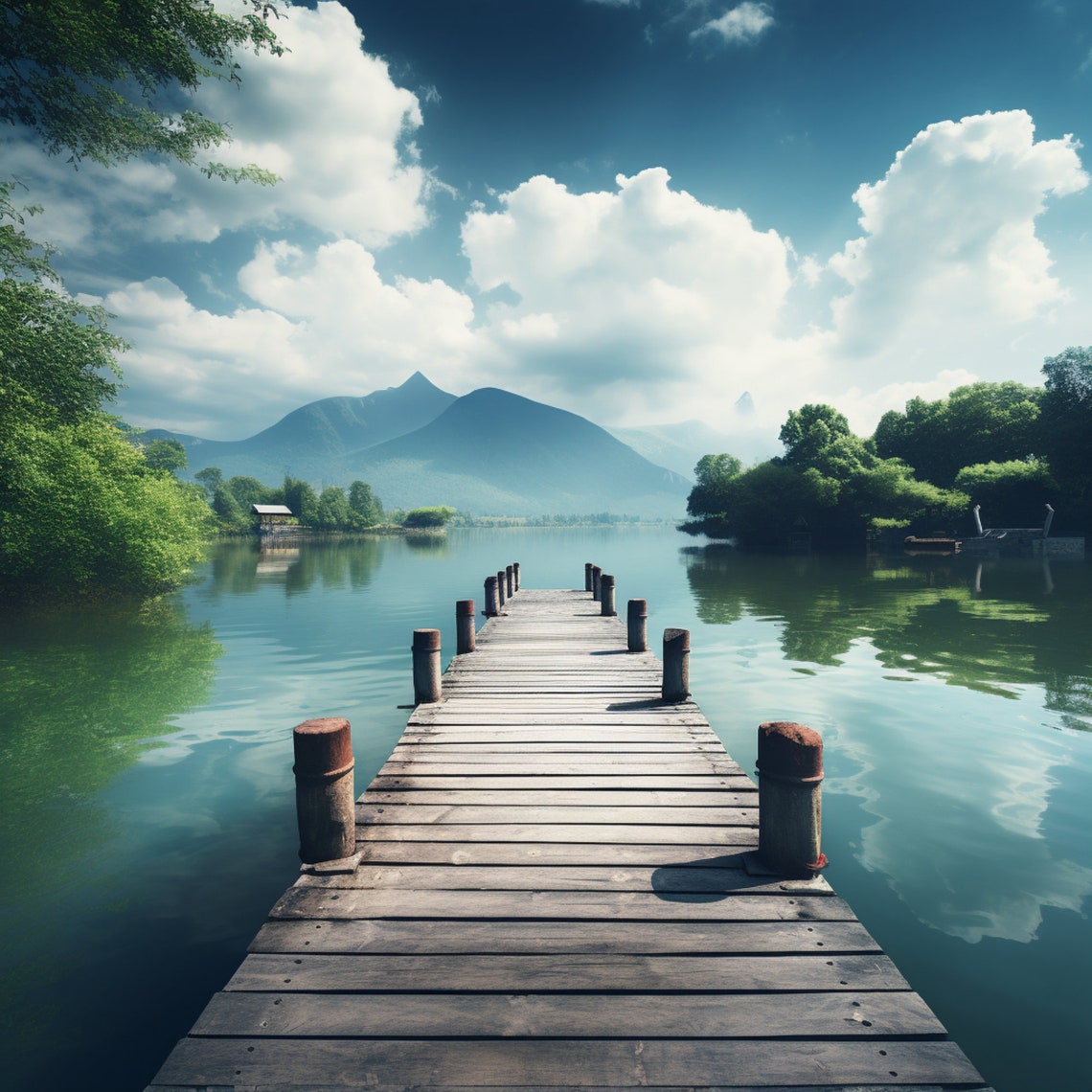 Tranquil Lake Dock Canvas Digital Art AI Digital Download Digital Art ...