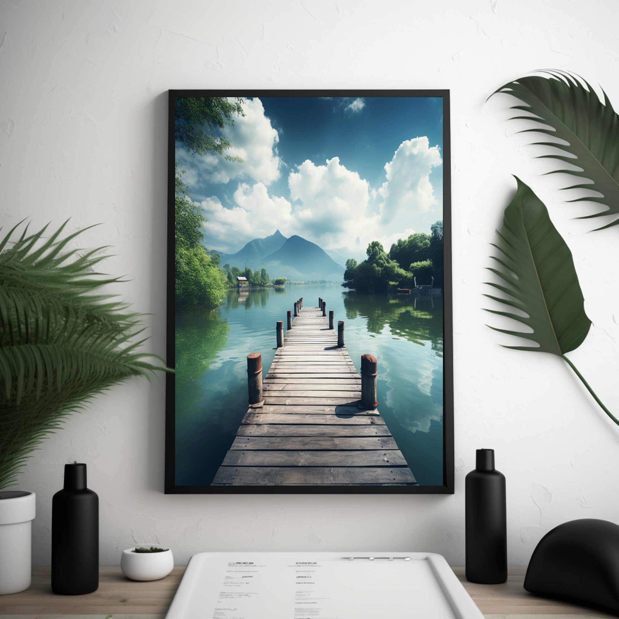 Tranquil Lake Dock Canvas Digital Art AI Digital Download Digital Art ...