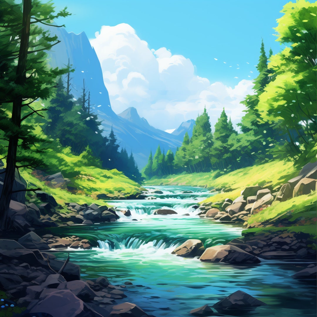 Alpine River Cascades Digital Art AI Digital Download Digital Art ...