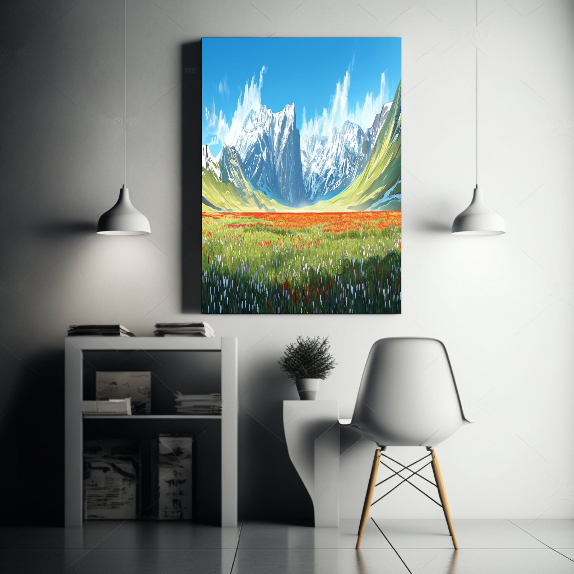 Alpine Serenity Panoramic Mountain Meadow Canvas Digital Art AI Digital ...