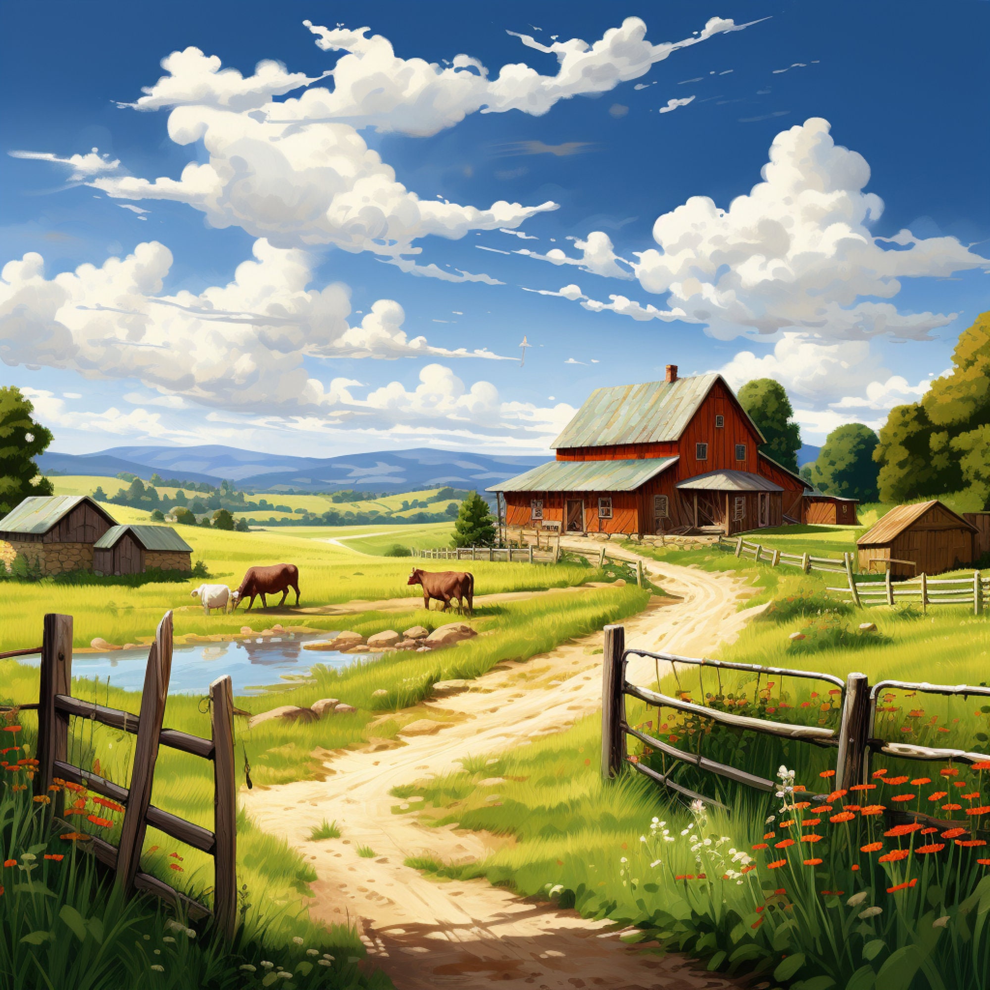 Bucolic Bliss Idyllic Farm Landscape Canvas Print Digital Art AI ...