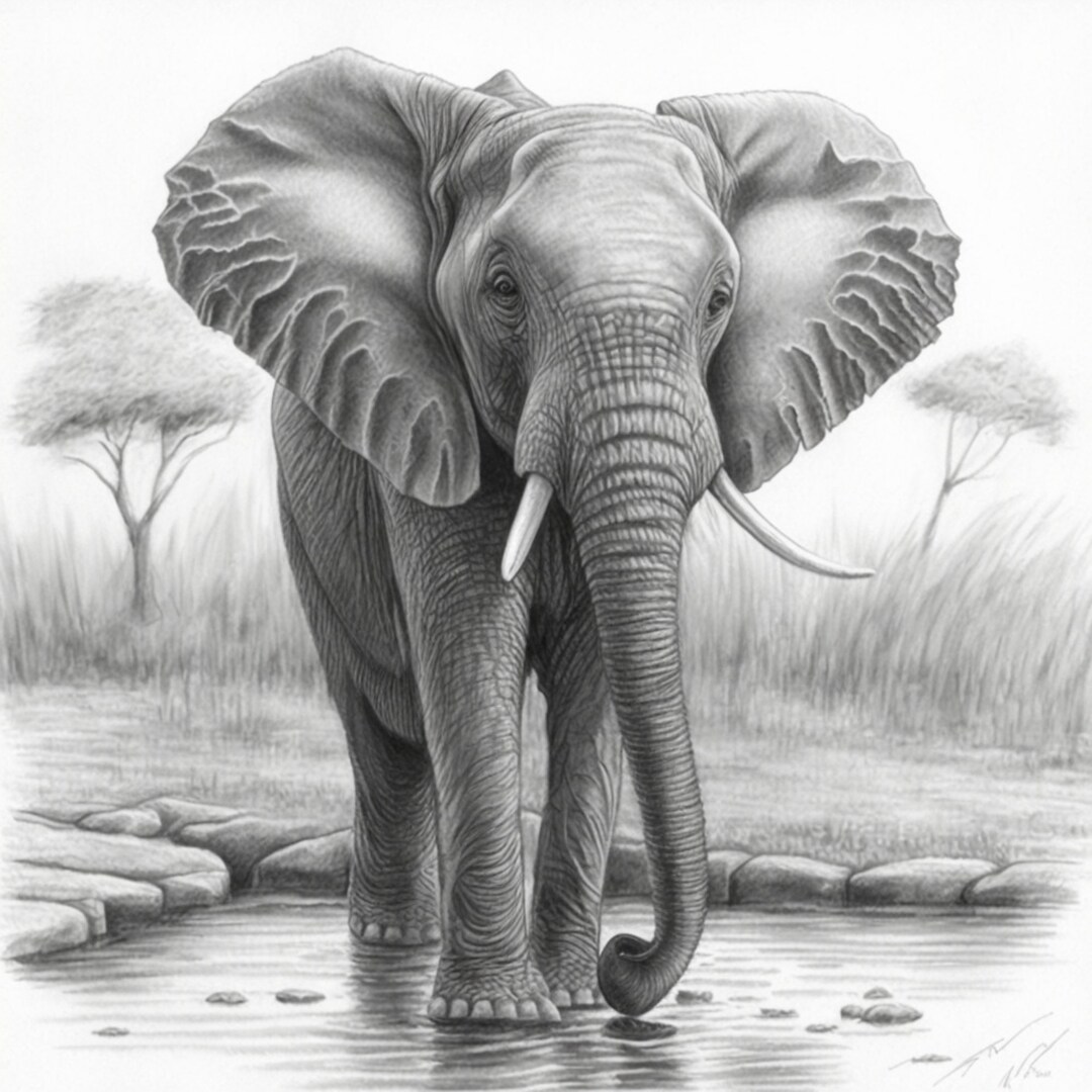 Elephant Pencil Sketch AI Digital Download Digital Art Animal Digital ...