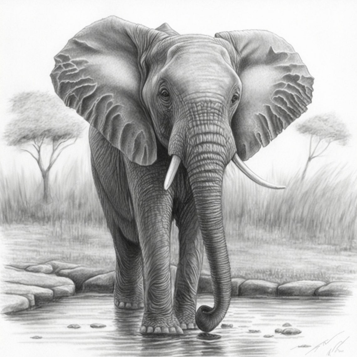 Elephant Pencil Sketch AI Digital Download Digital Art Animal Digital ...