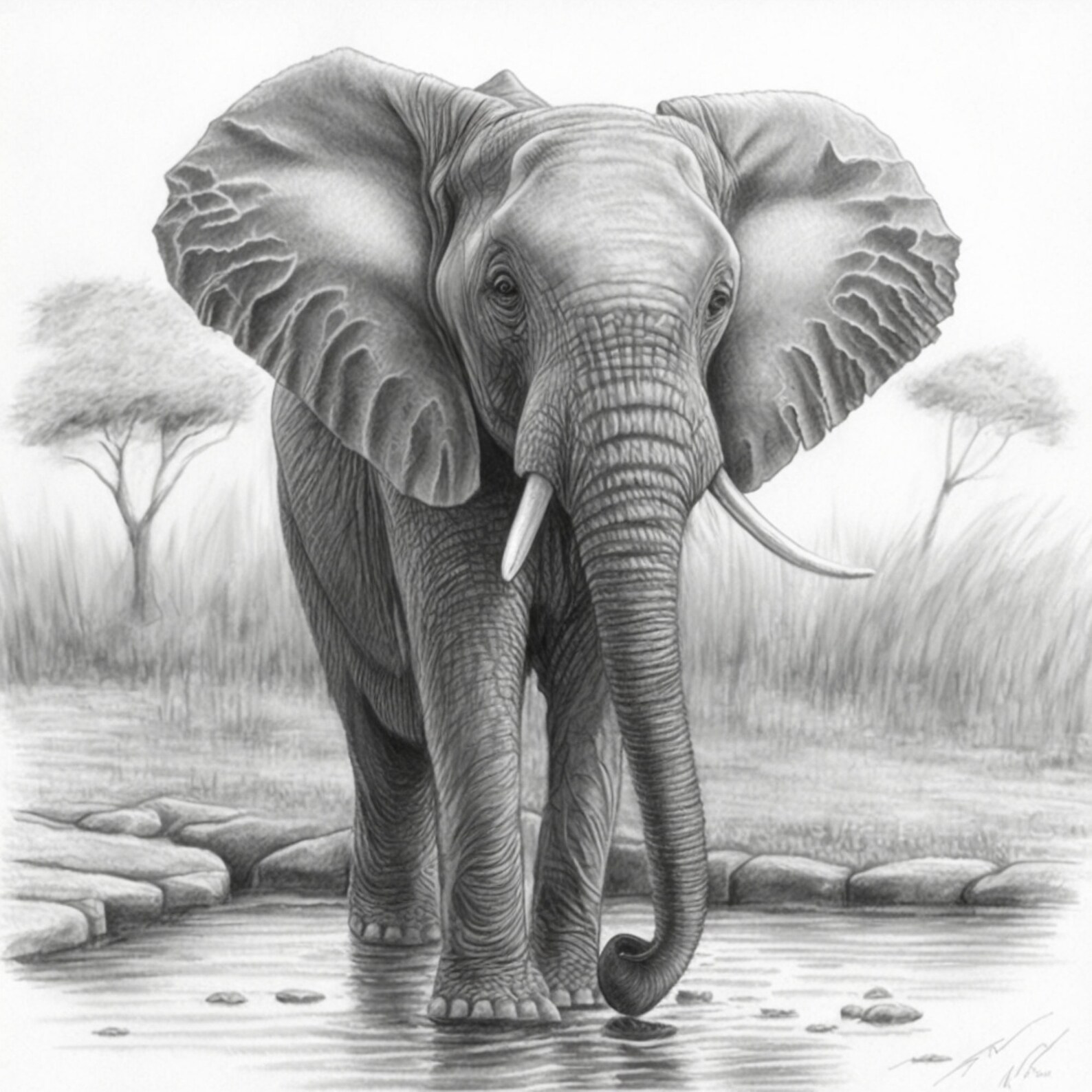 Elephant Pencil Sketch AI Digital Download Digital Art Animal Digital ...