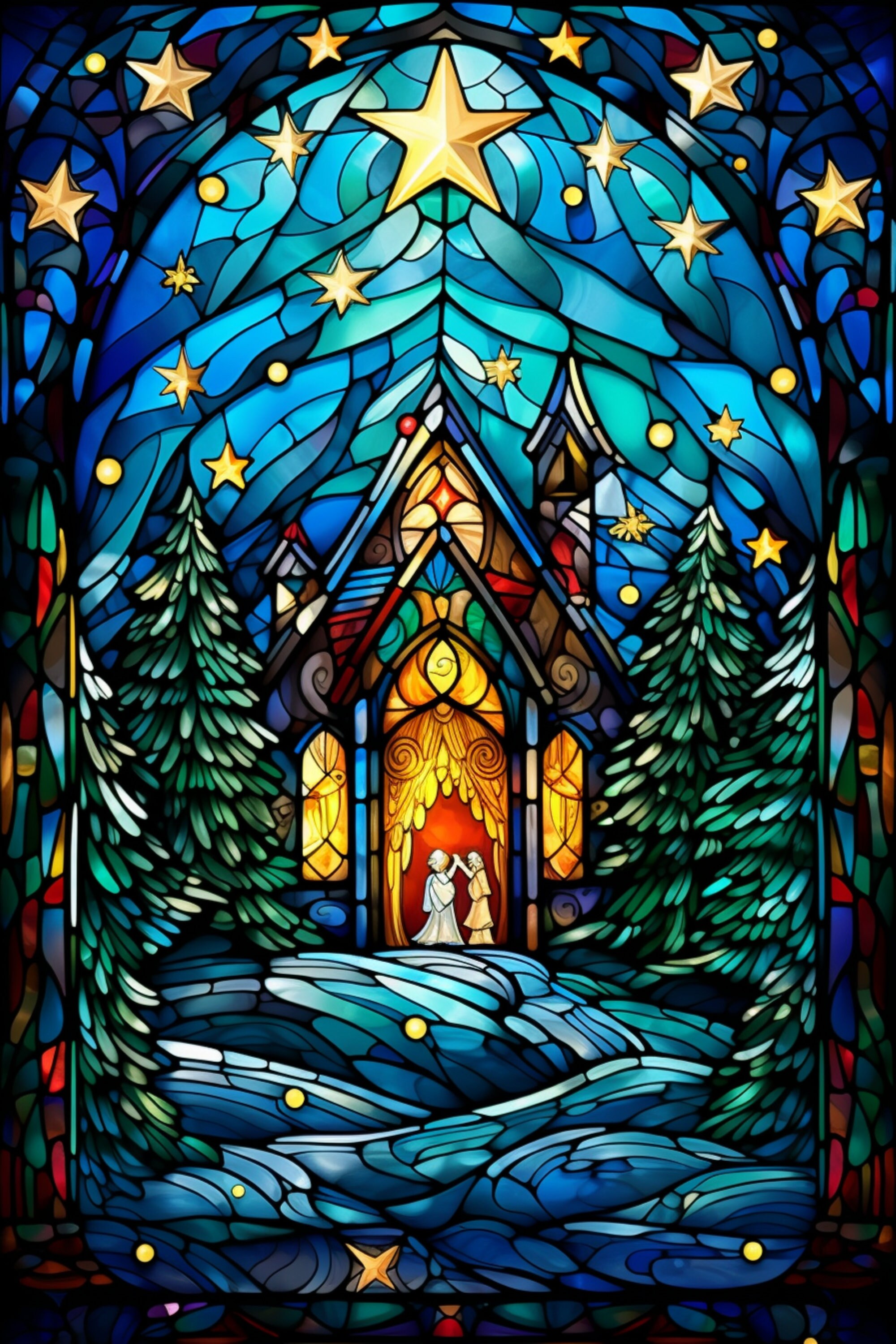 Celestial Nativity Scene Stained Glass Christmas Art Print AI Digital ...