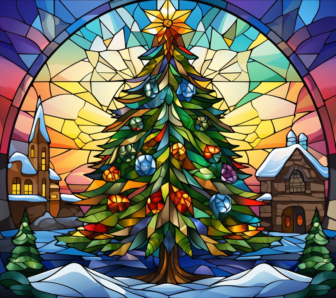 Radiant Dawn Stained Glass Christmas Tree Art Digital Print Ai Digital