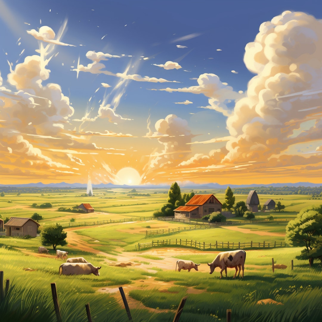 Dusk's Golden Embrace Serene Farm Canvas Digital Art AI Digital ...