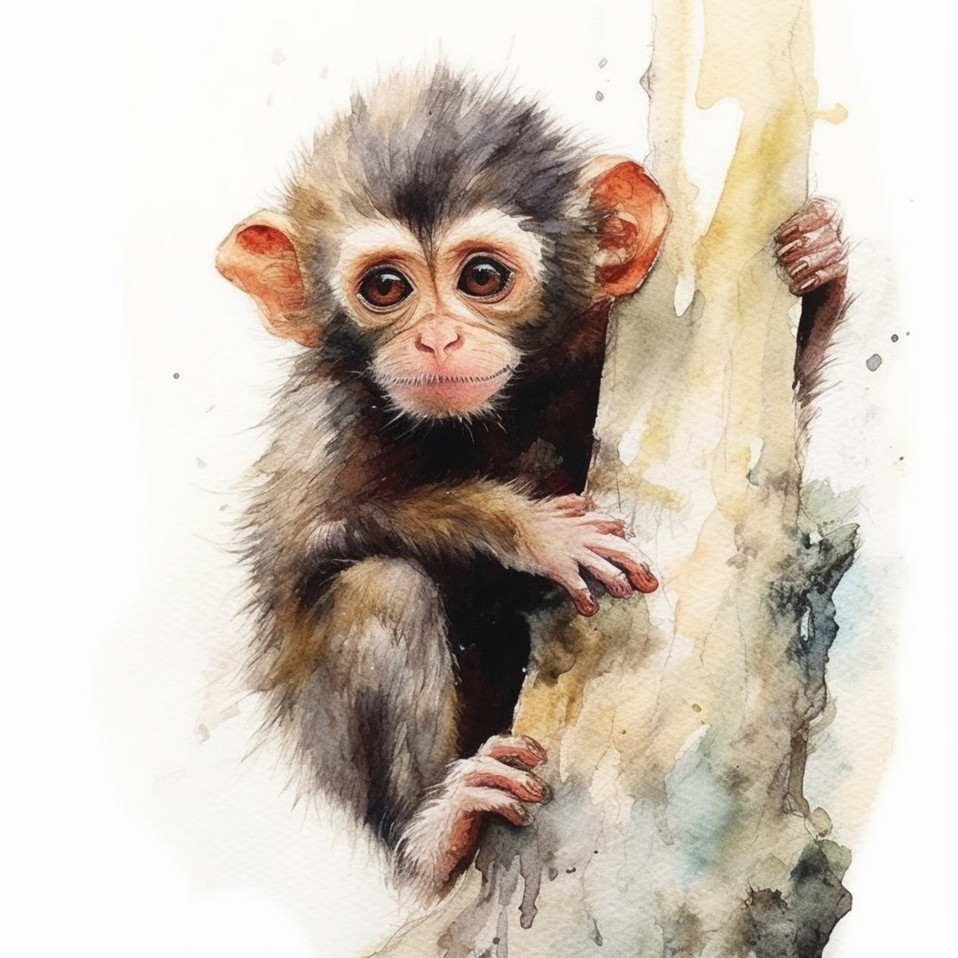 Baby Monkey Watercolor AI Digital Download Digital Art Animal Digital ...