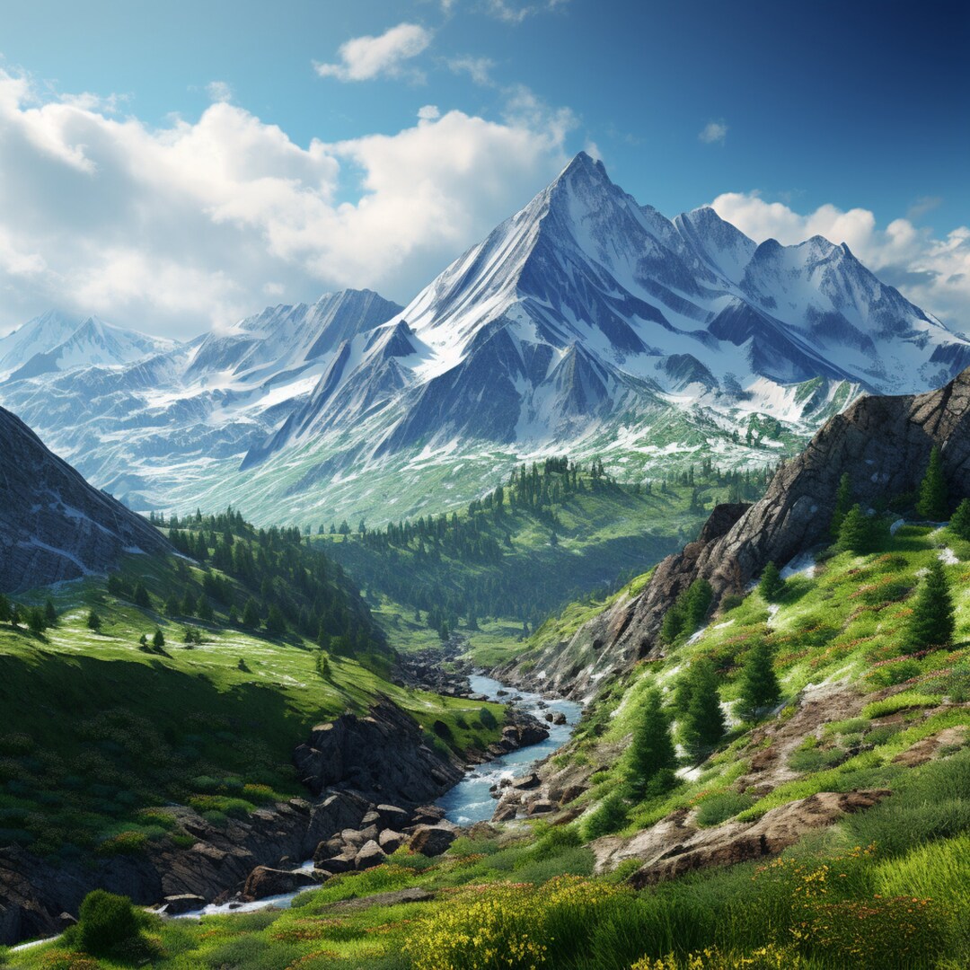 Verdant Valley Majesty Alpine Landscape Canvas Digital Art AI Digital ...
