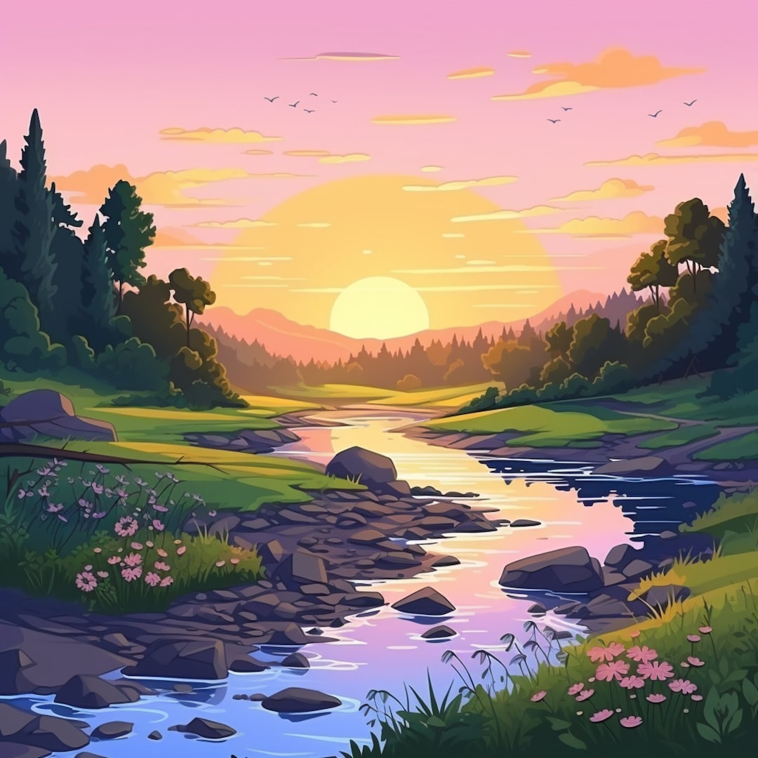 Tranquil Sunset River Digital Art AI Digital Download Digital Art ...