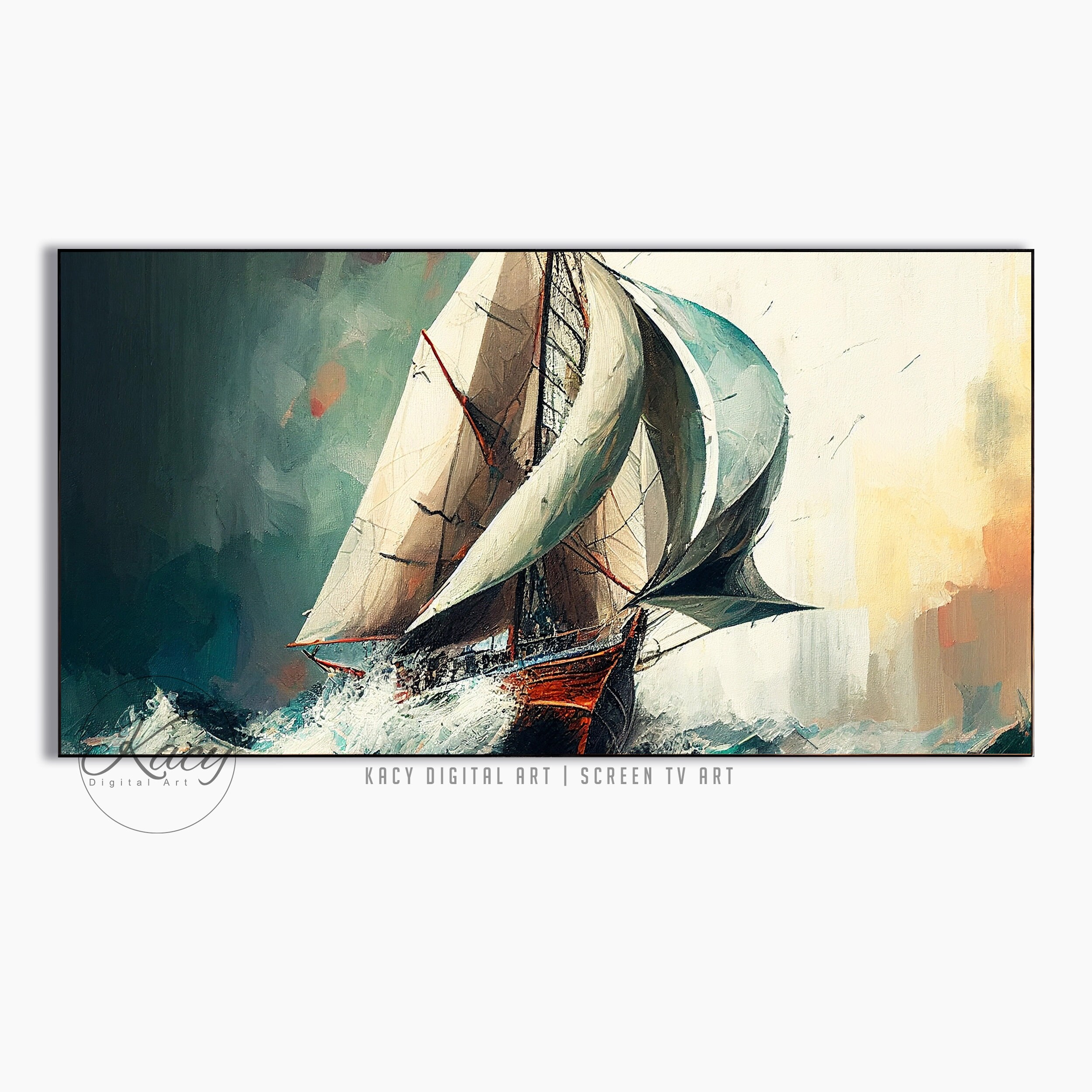 TV Screen Art Sailboat Rough Waters Art Wall Art Old Farmhouse Tv Art ...