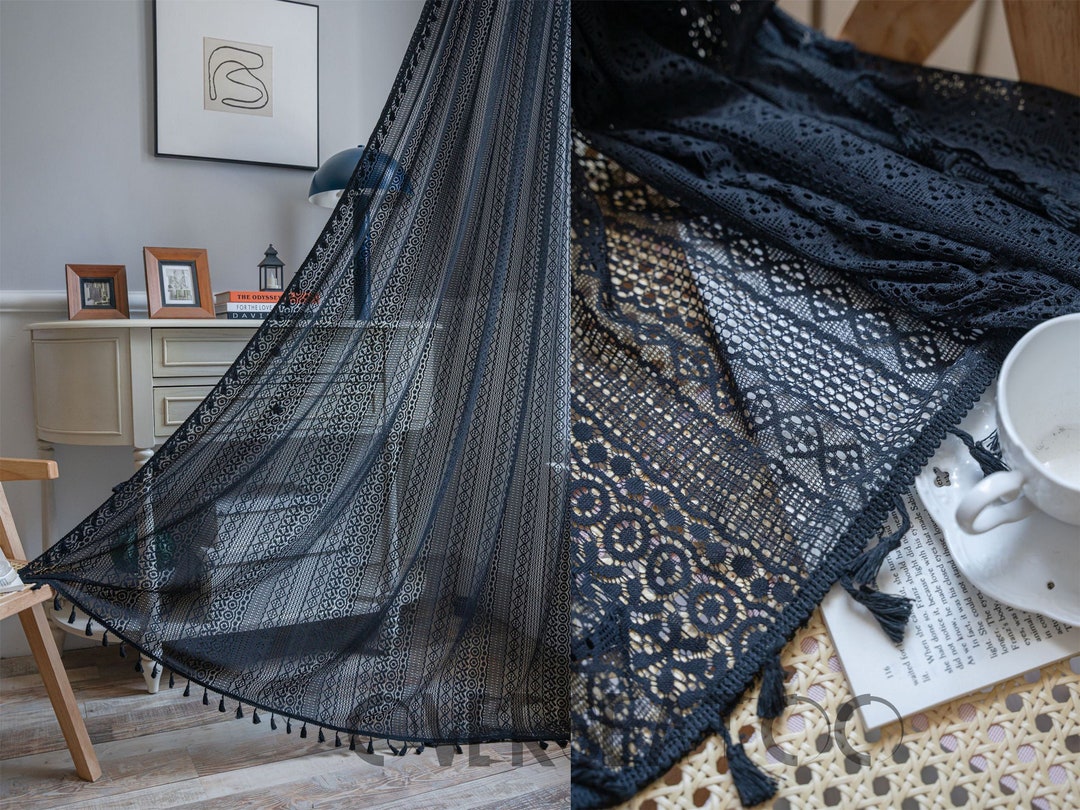 2023 New Black Jacquard Lace Curtains, French Wispy Crochet Lace ...