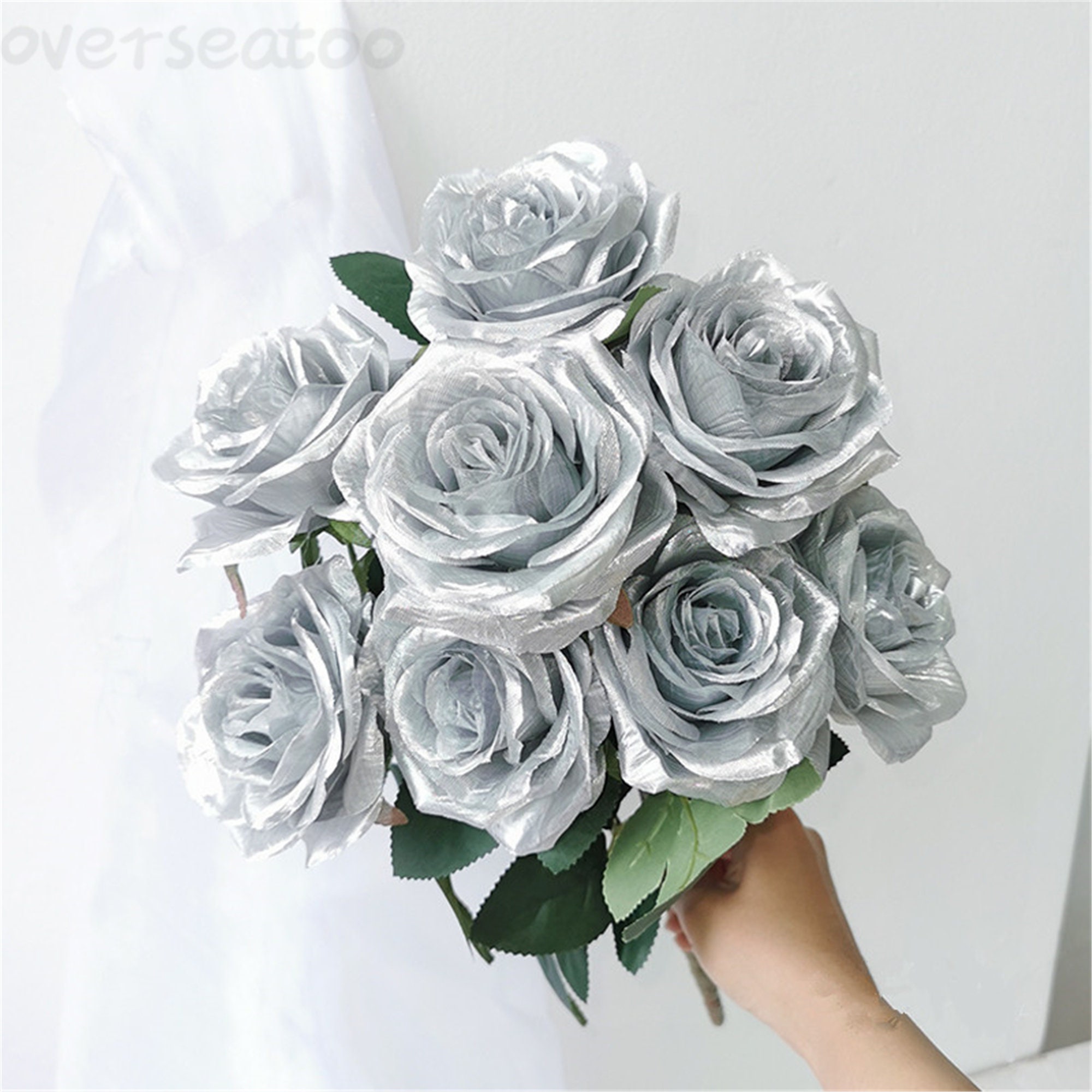 10 Heads Silver Rose Bouquet Metallic Flower Silver Wedding - Etsy