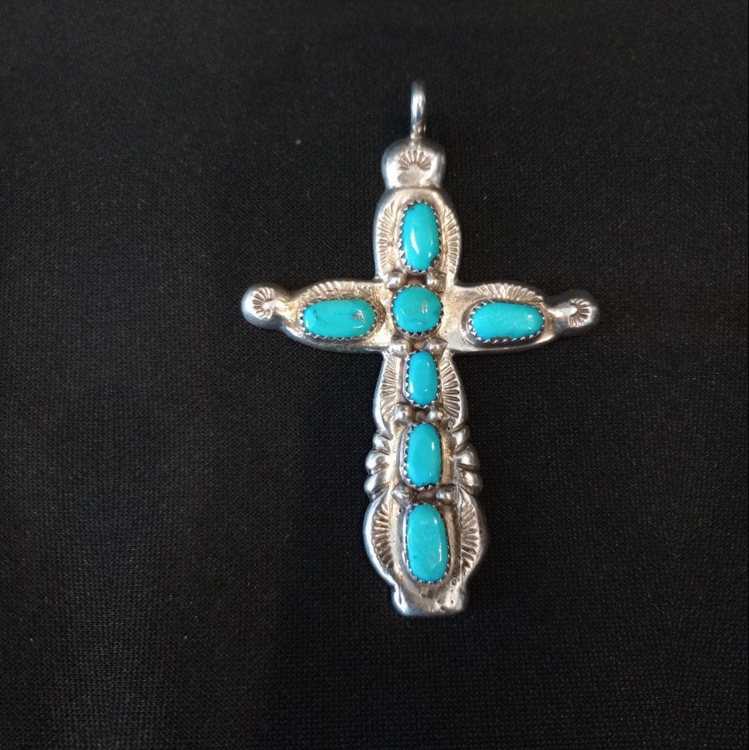 Vintage Native American Zuni Turquoise Cross Pendant - Sterling Silver ...