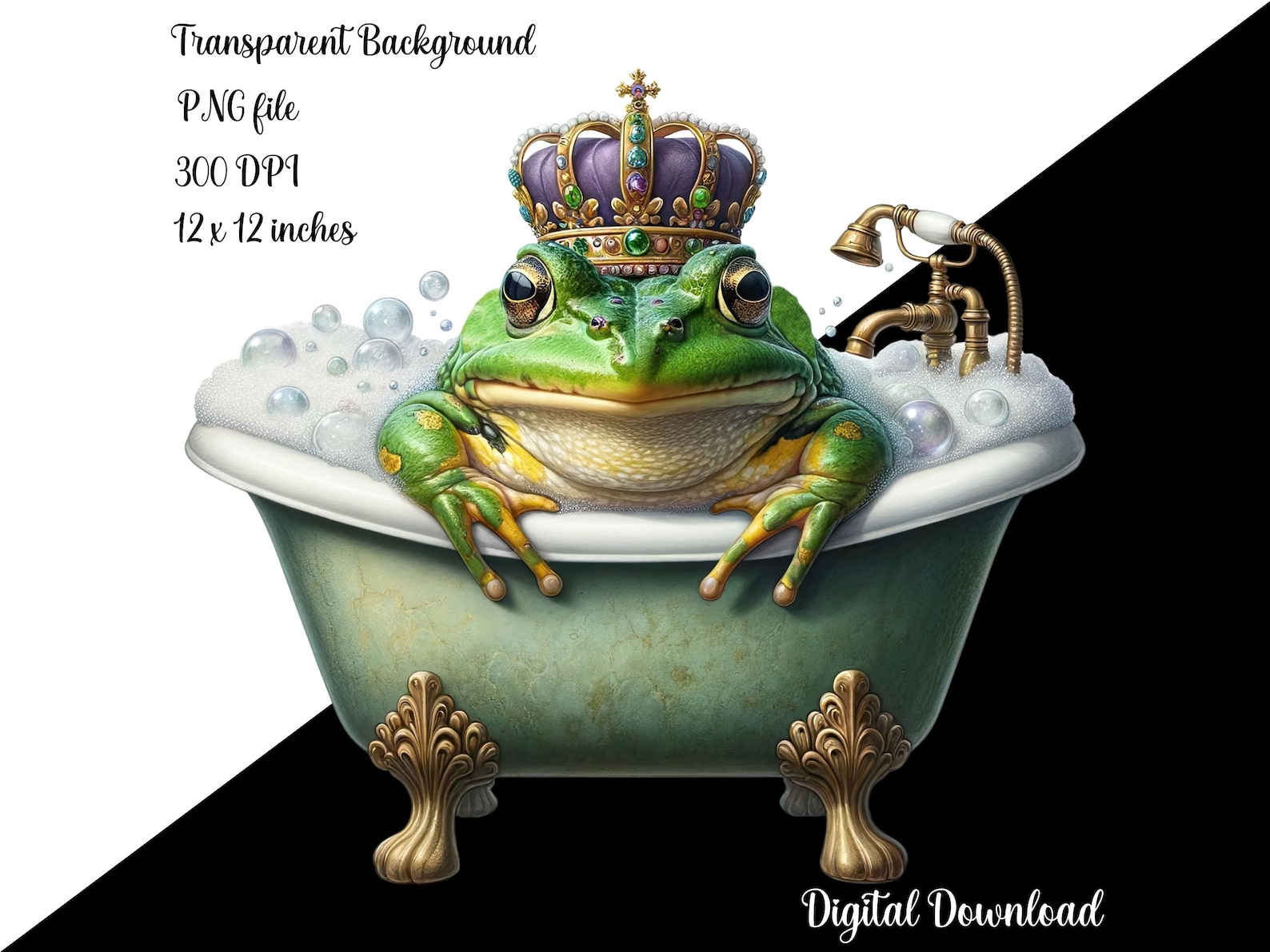 Frog Art With Crown in a Bubble Bath Tub PNG, Funny Animal Portrait ...
