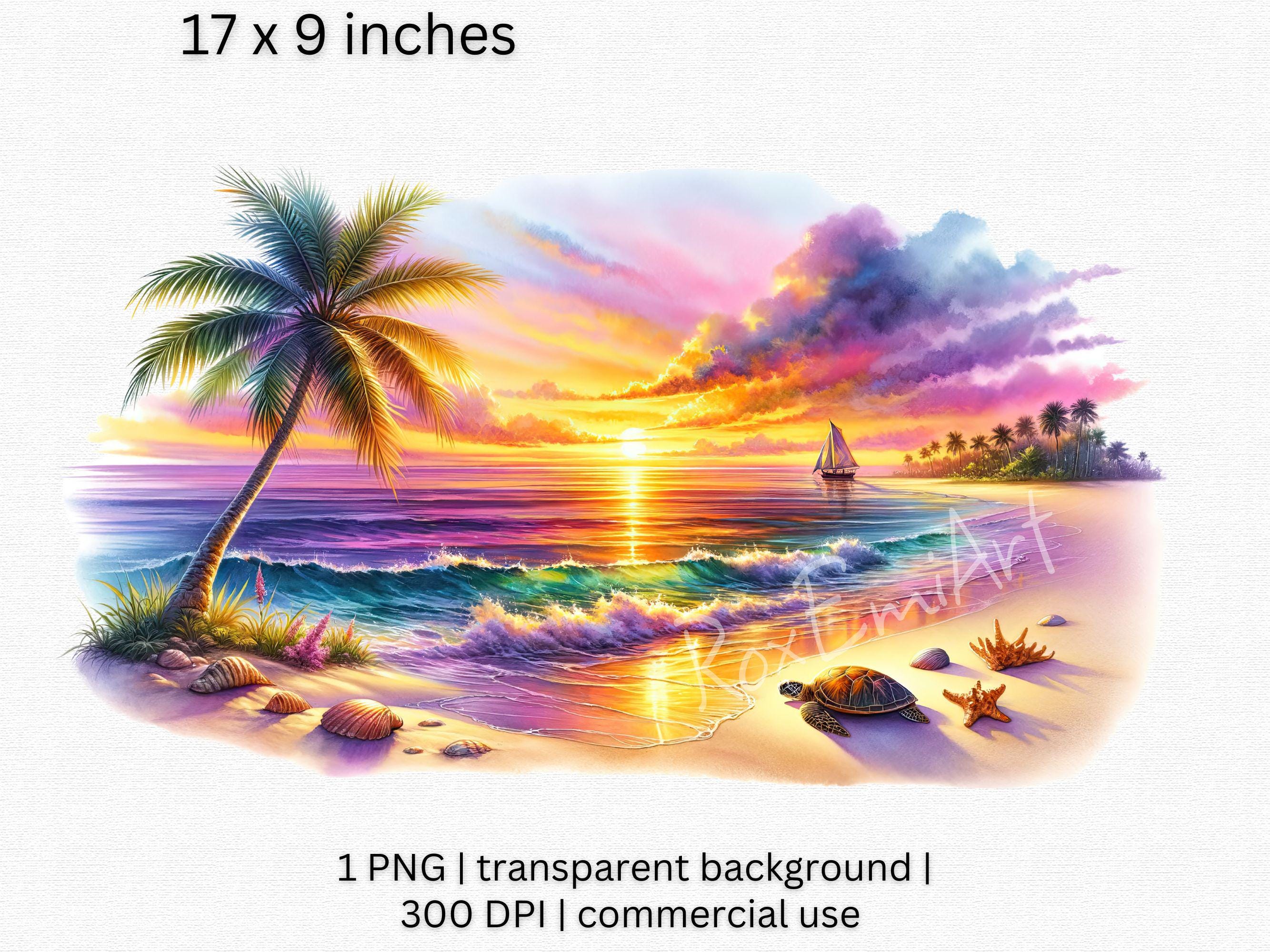 Tropical Sunset Beach Clipart, Ocean Clipart, Whimsical Seascape ...