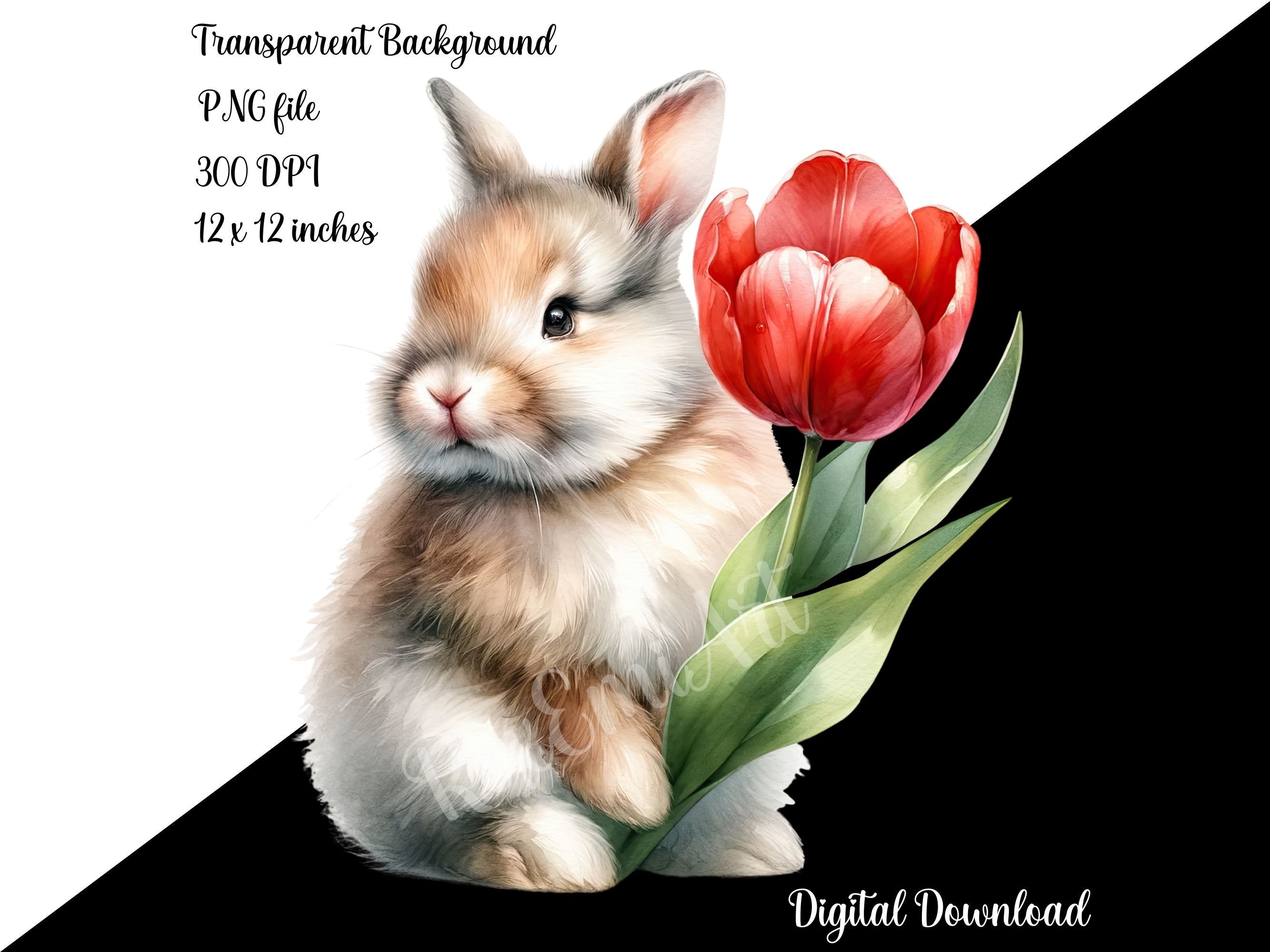 Adorable Fluffy Bunny Tulip Clipart, Watercolor Rabbit Spring Floral ...