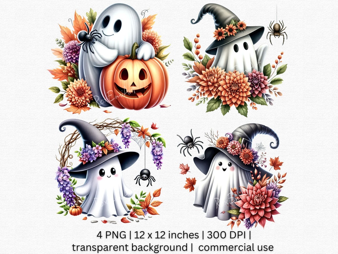 Cute Ghost With Spider PNG, Watercolor Halloween Clipart, Fall Season ...