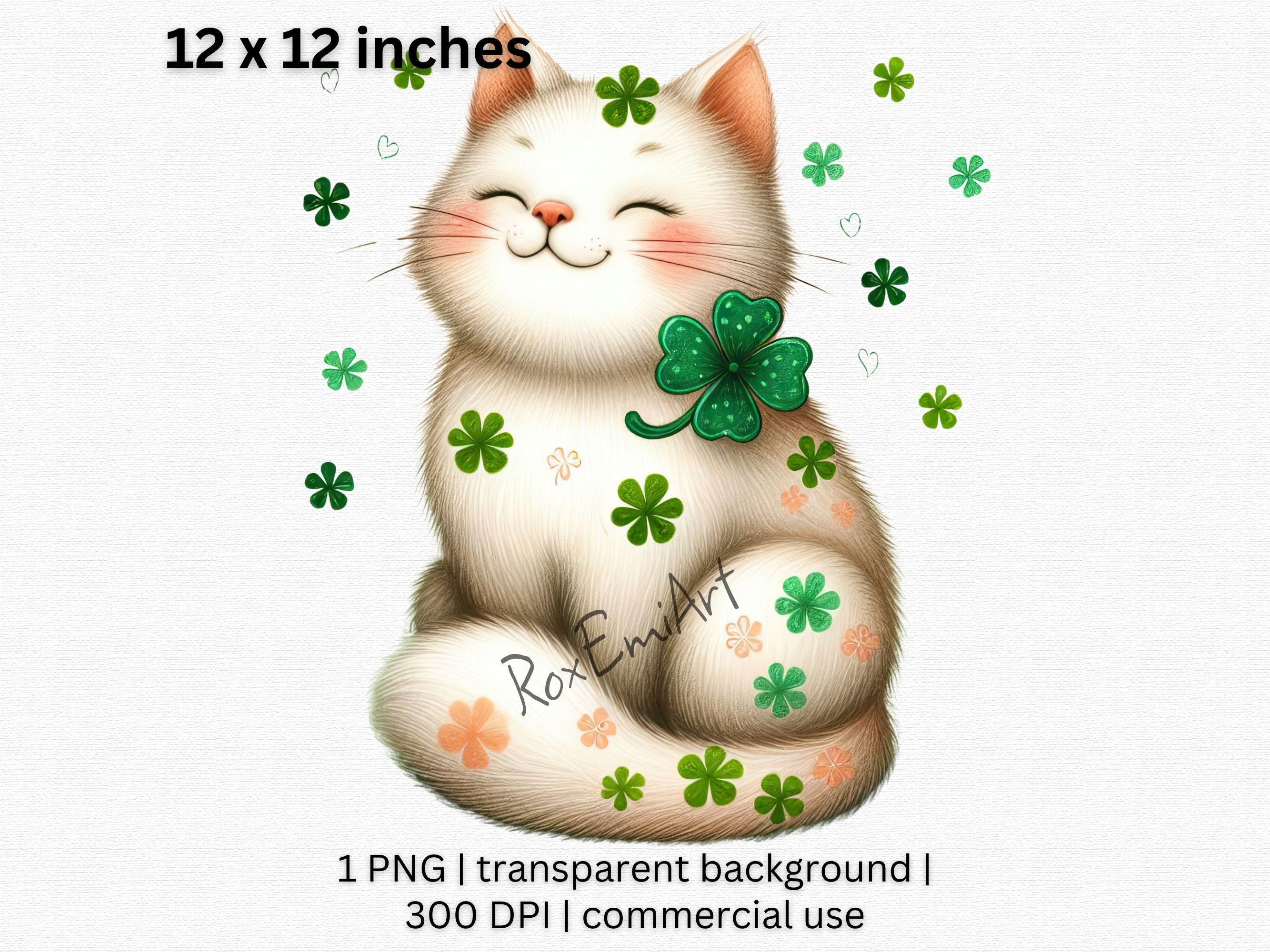 Lucky Clover Cat Clipart, St Patrick's Day Feline Illustration, Whimsical Kitty With Shamrock ...