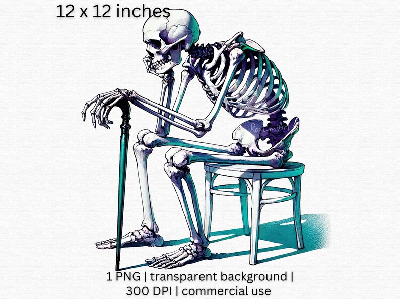 Sitting Skeleton Holding a Cane Clipart, Vintage Halloween PNG, Gothic ...