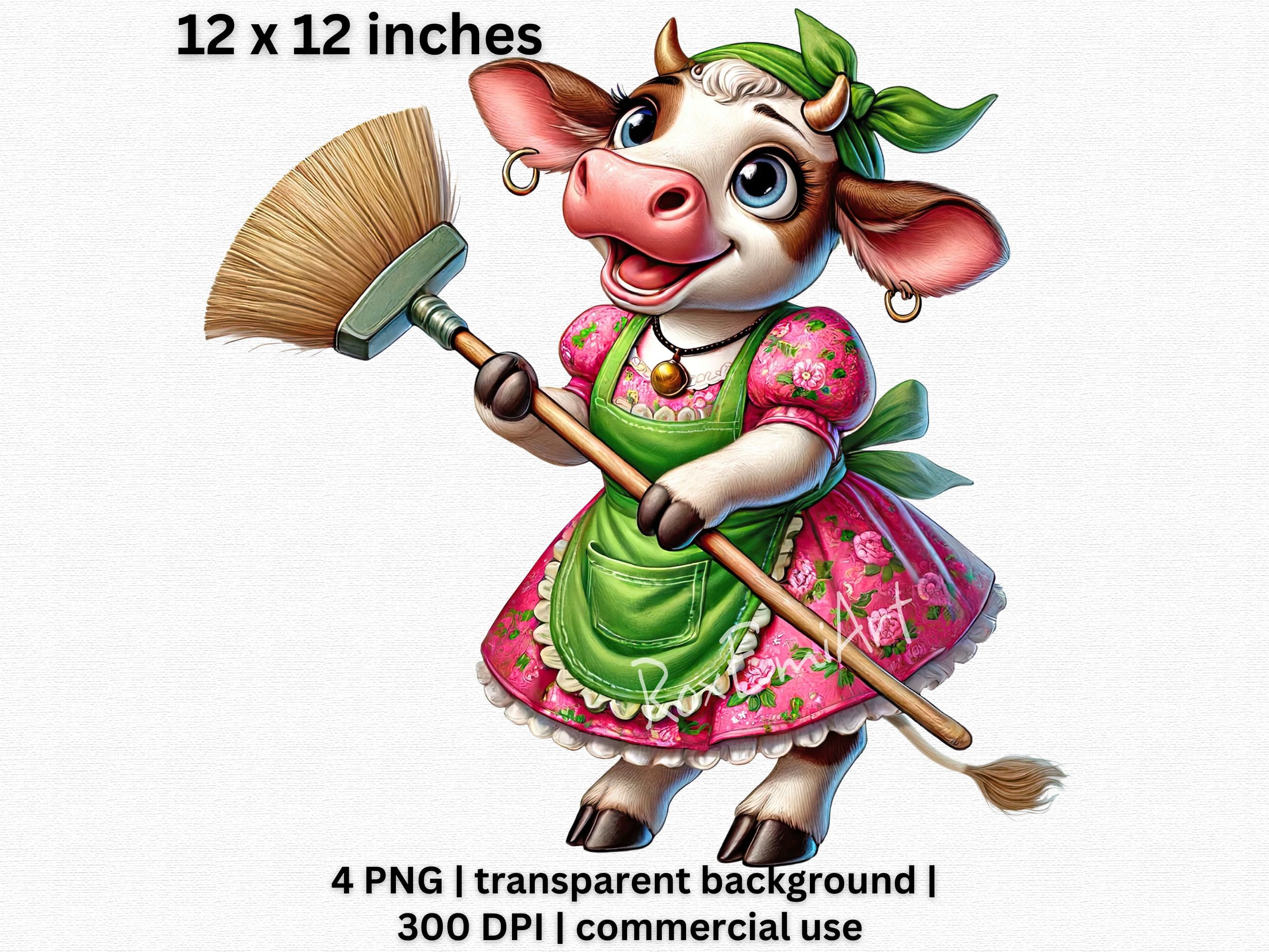 Adorable Cartoon Cow Clipart, Cute Farm Animal Cleaning PNG, Whimsical ...