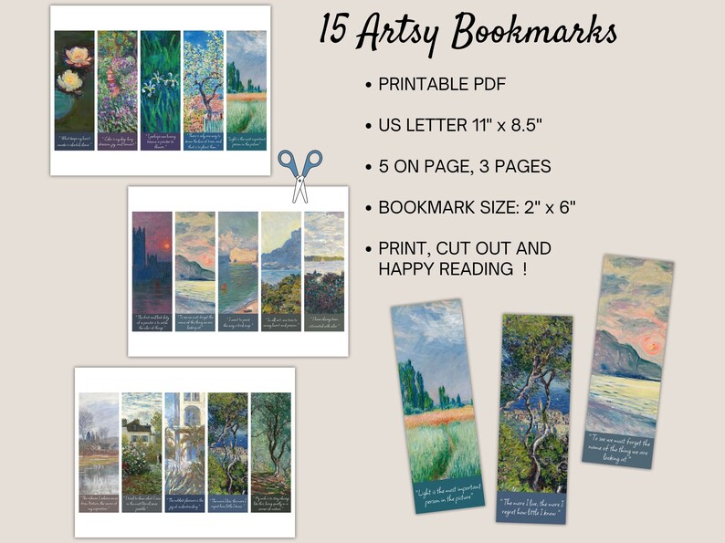 Elegant Printable Bookmarks Set of 15 With Claude Monet Paintings ...