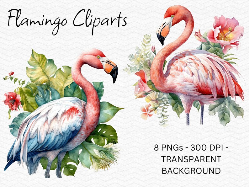Watercolor Flamingo PNG Clipart With Tropical Plant PNG - Etsy