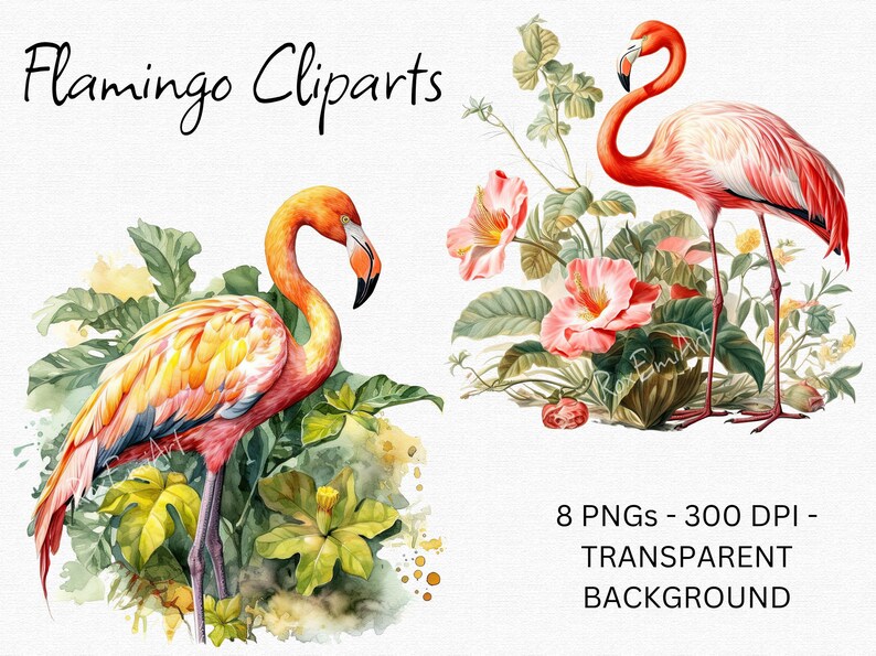 Watercolor Flamingo PNG Clipart With Tropical Plant PNG Bundle, Summer ...