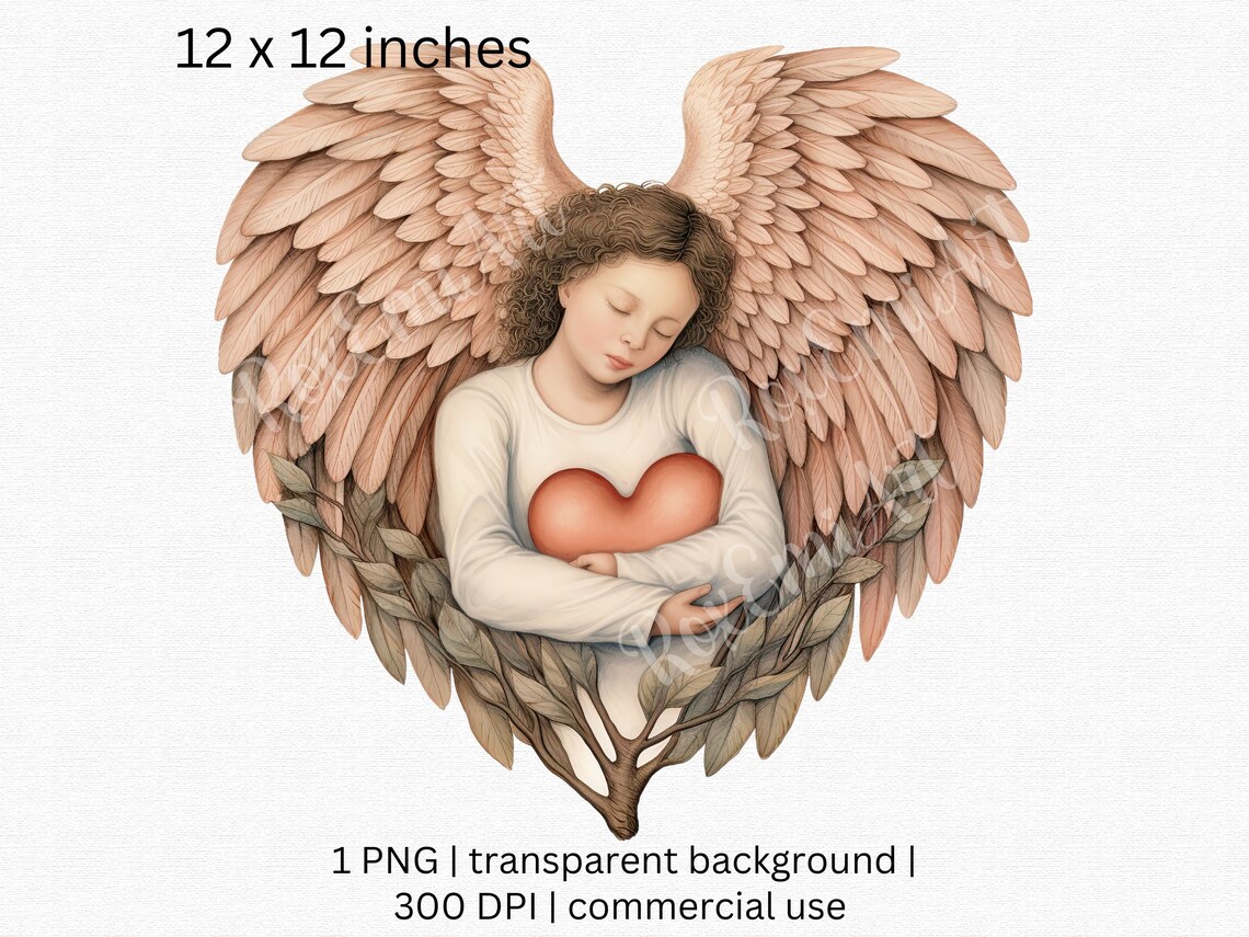 Heart Shaped Sleeping Girl Angel Clipart, Guardian Angel Wings PNG, Red ...