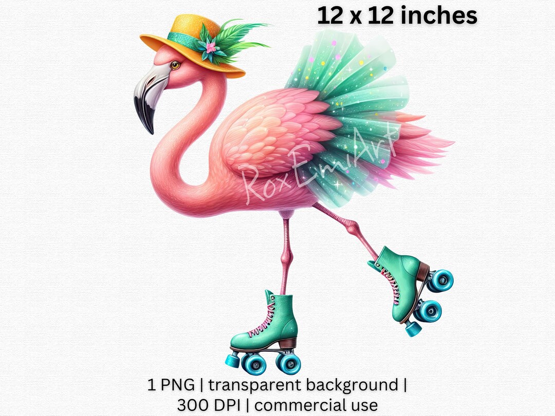Whimsical Roller-skating Flamingo Clipart, Funny Bird PNG, Vibrant Home ...