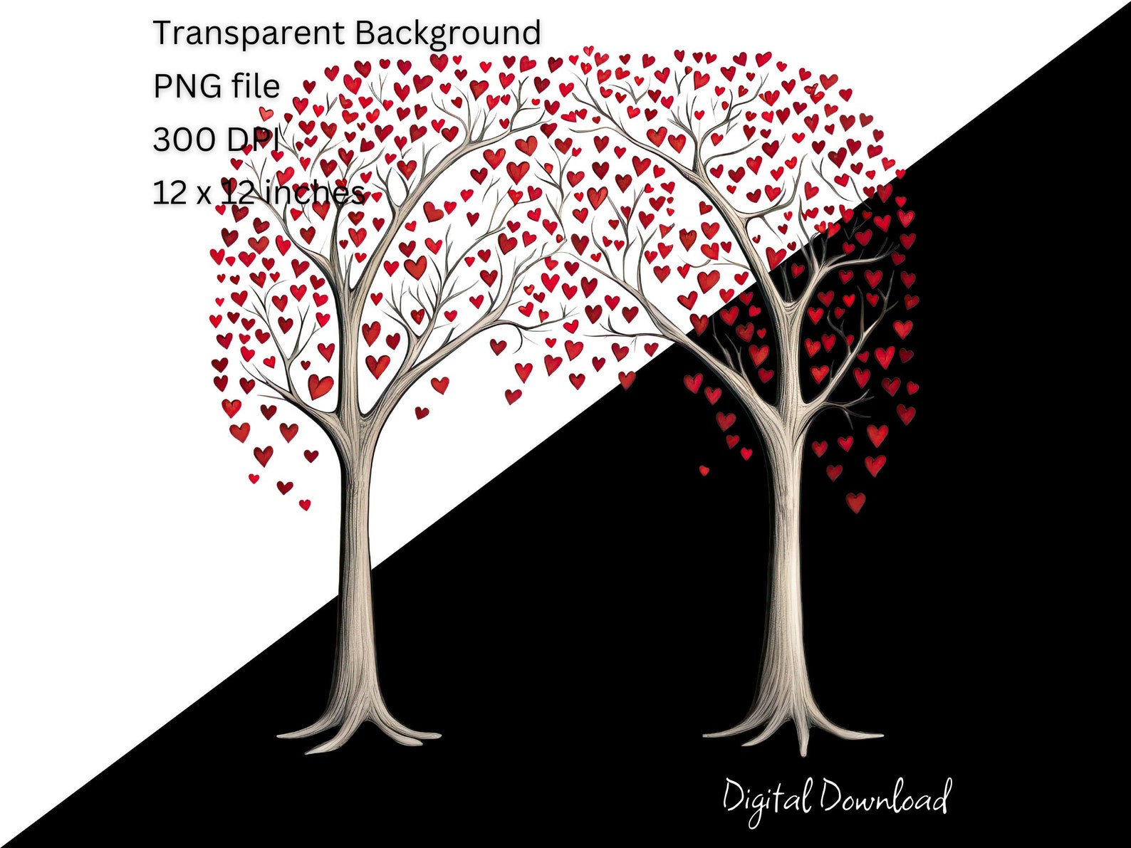 Romantic Heart Tree Clipart, Anniversary Gift Art, Love Trees Printable ...