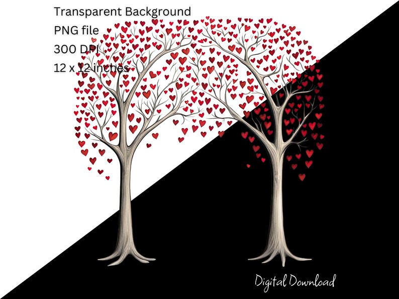 Romantic Heart Tree Clipart, Anniversary Gift Art, Love Trees Printable ...