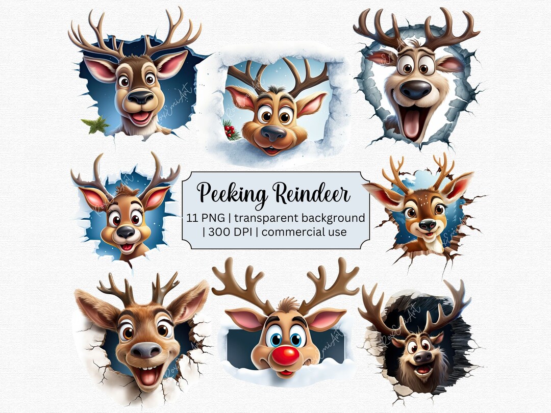 Cute Reindeer Clipart, Funny Reindeer Peeking Through a Hole in the ...