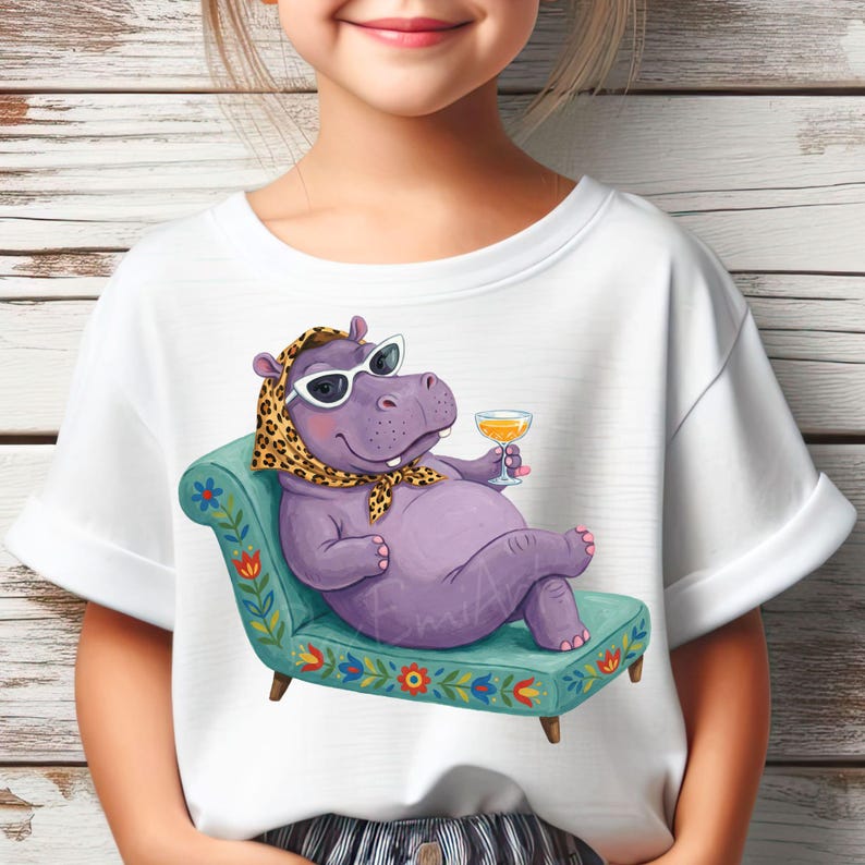 Sassy Hippo Png, Hippo on Floral Chaise Lounge With Cocktail Clipart ...