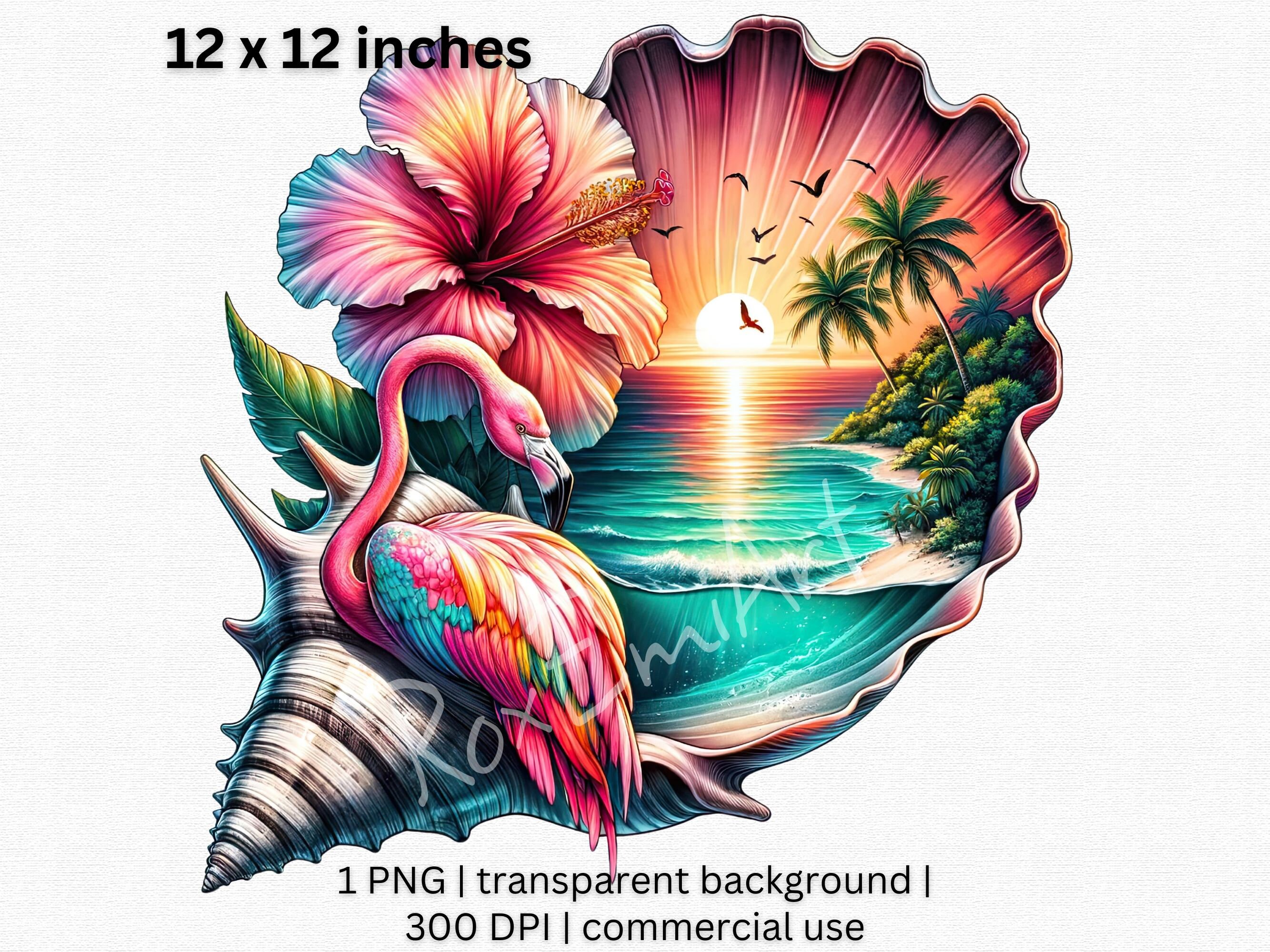 Tropical Sunset Flamingo Clipart, Shell Frame Beach Scene, Hibiscus ...