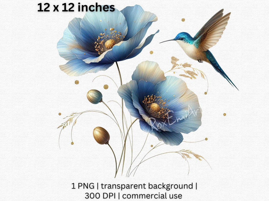Elegant Blue Poppies and Hummingbird Clip Art, Botanical Digital Print ...