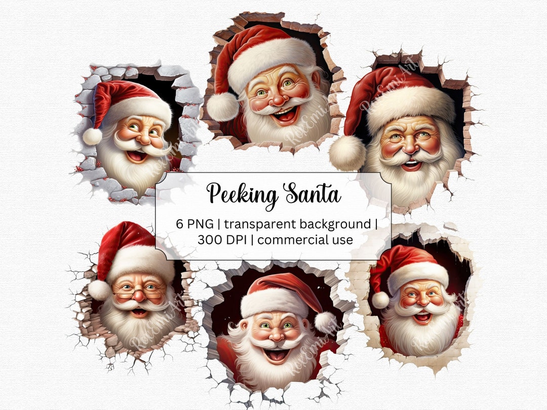 Santa Clipart, Funny Face Santa Peeking Through a Hole in the Wall, 3D ...