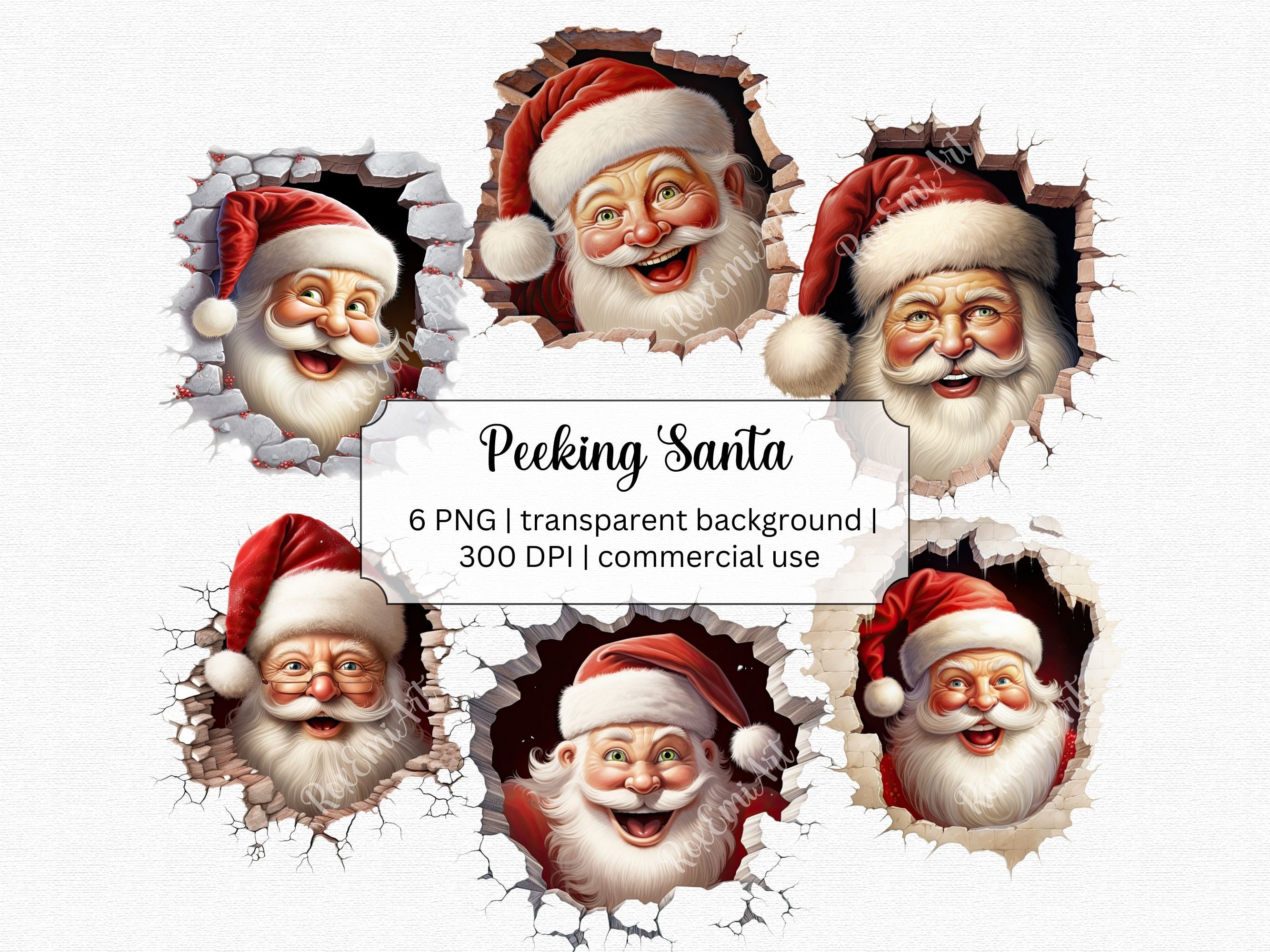 Santa Clipart, Funny Face Santa Peeking Through a Hole in the Wall, 3D ...
