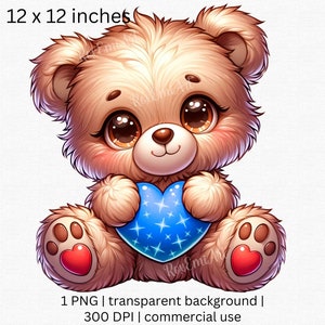 Cute Valentine Teddy Bear Clipart With Blue Glitter Heart, Valentine's ...