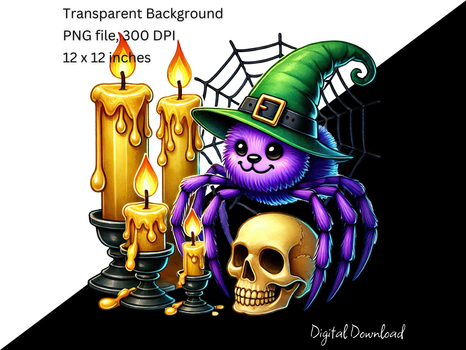 Cute Halloween Spider Clipart, Skull Candle PNG, Spooky Cartoon Web ...
