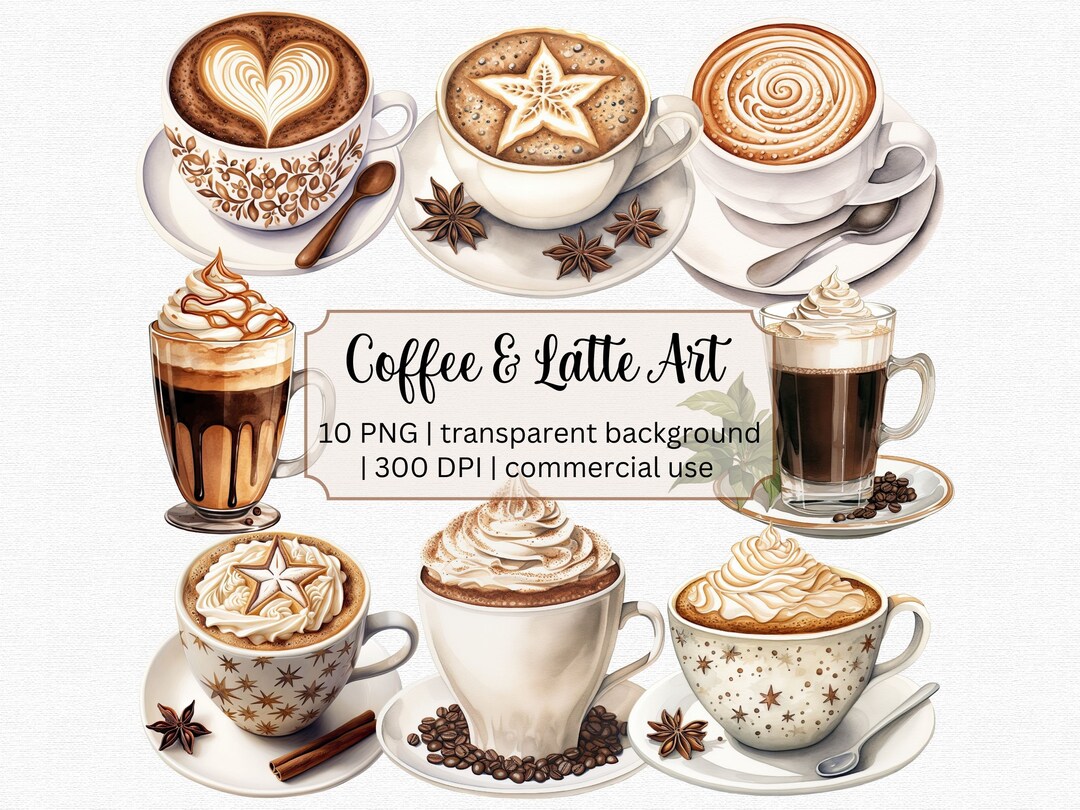 Watercolor Coffee Cup and Latte Clip Art, Transparent Background ...
