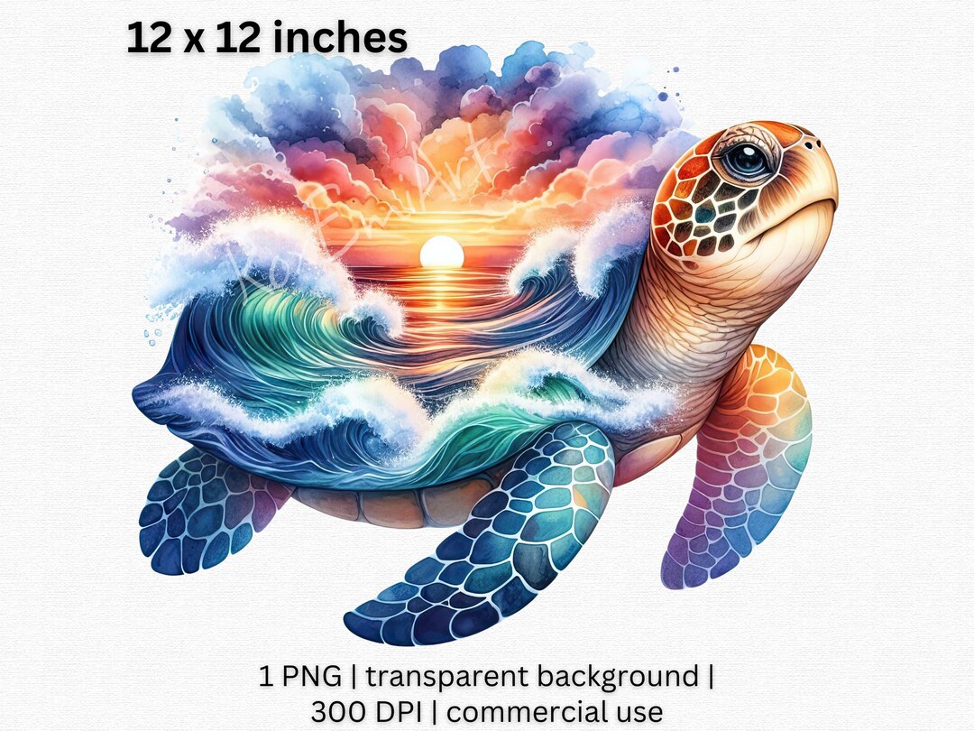 Vibrant Sea Turtle Clipart With Sunset Shell - Ocean Life PNG, Nautical ...