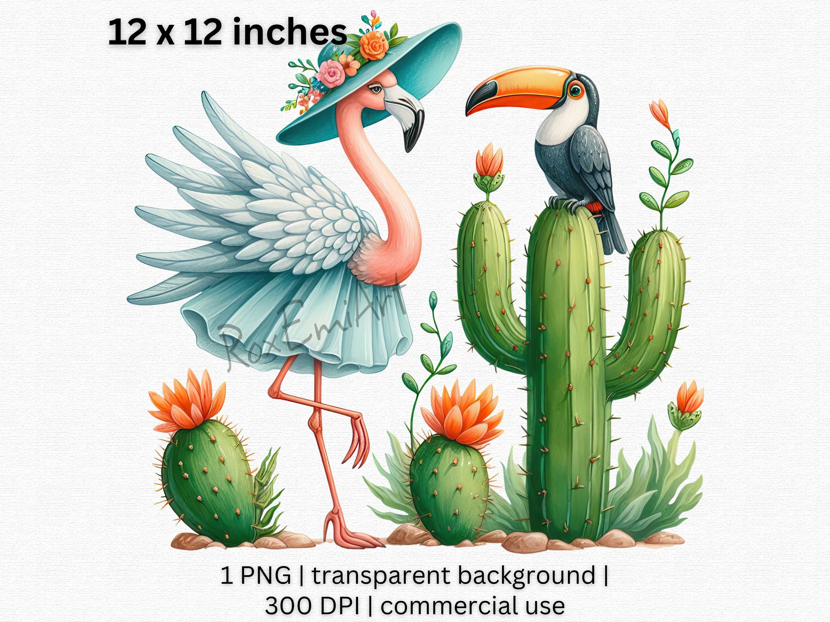 Elegant Flamingo & Toucan Clipart, Tropical Birds With Cacti ...