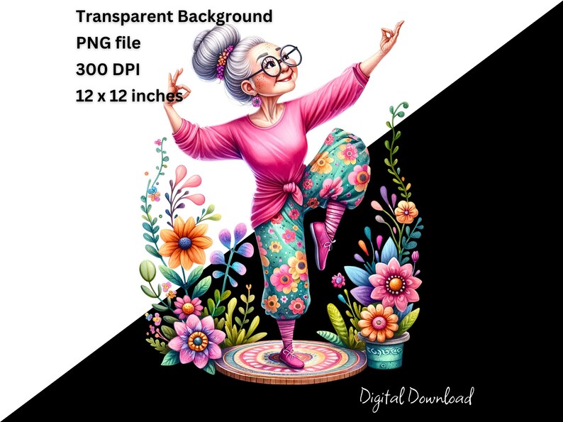 Whimsical Grandma Clipart, Vibrant Floral Granny PNG, Fun Elderly Woman ...