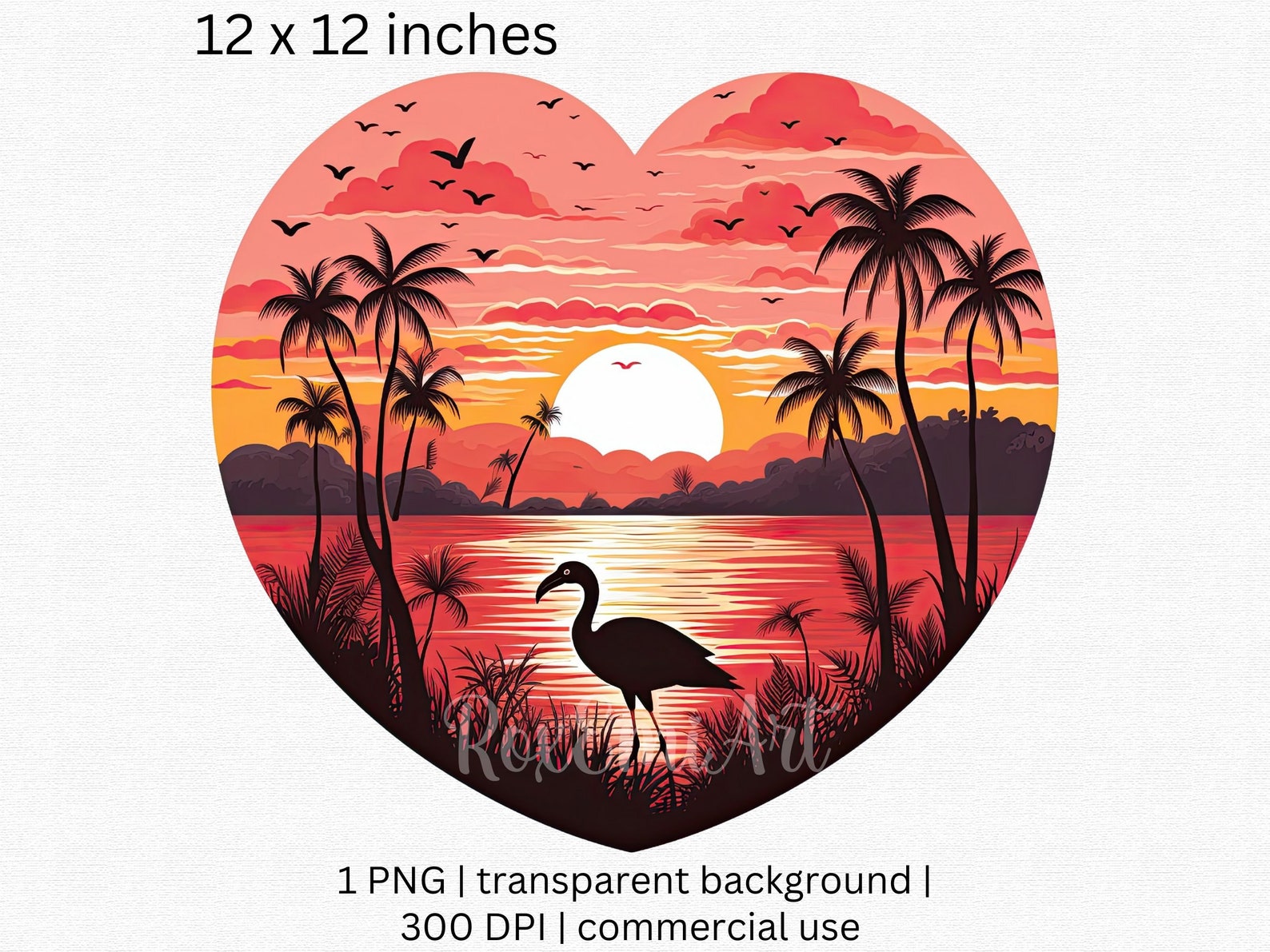 Heart Shaped Sunset PNG, Watercolor Valentine's Day Vintage Flamingo ...