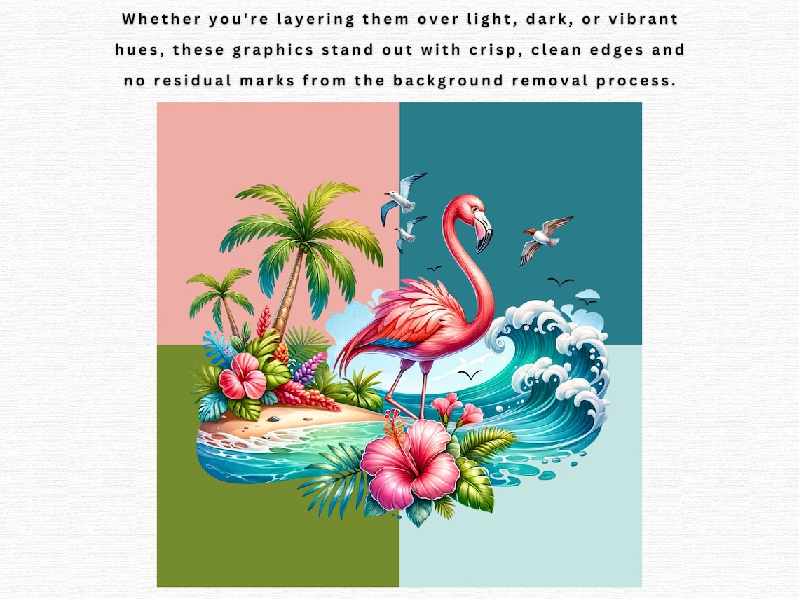 Tropical Paradise Flamingo Clipart, Beach Hibiscus Palm Trees Ocean ...
