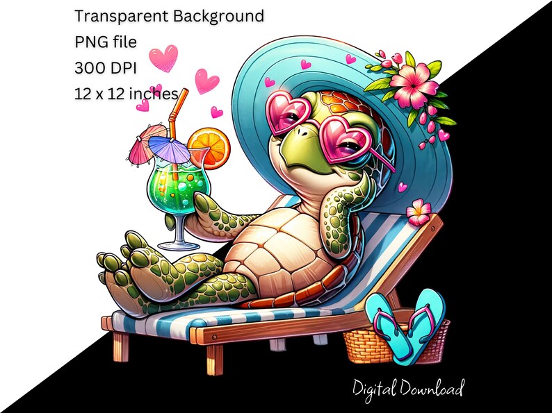Chic Beach Sea Turtle Clipart, Whimsical Animal PNG, Vibrant Vacation ...