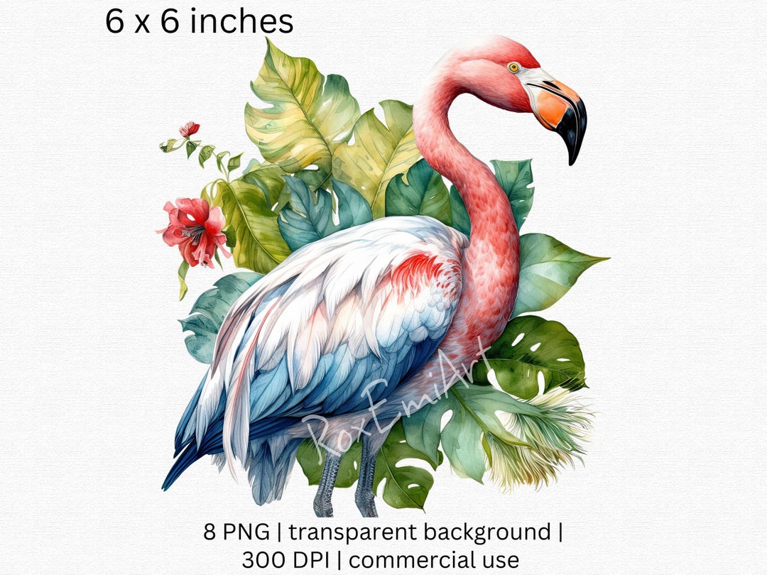 Watercolor Flamingo PNG Clipart With Tropical Plant PNG Bundle, Summer ...