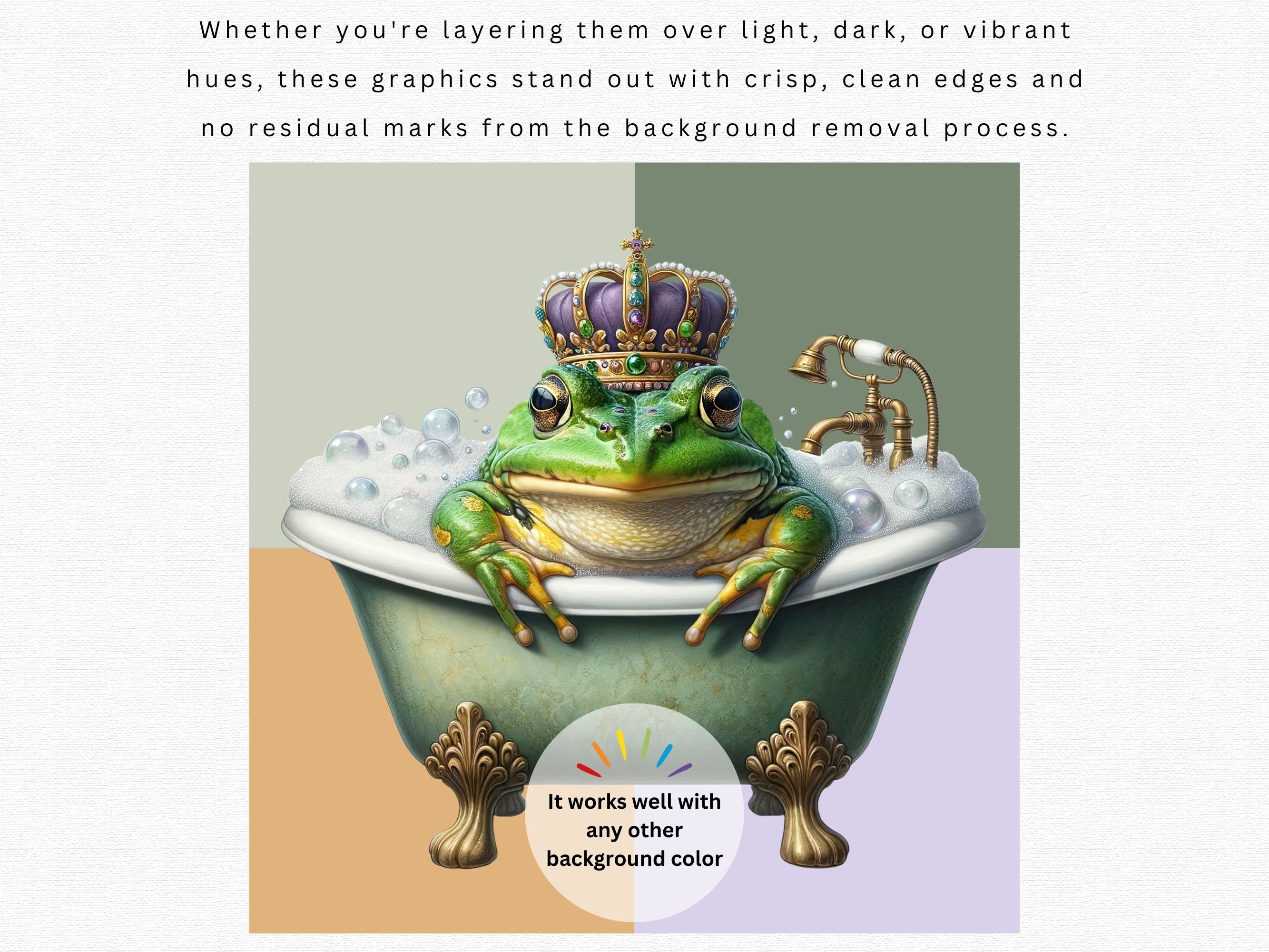 Frog Art With Crown in a Bubble Bath Tub PNG, Funny Animal Portrait ...