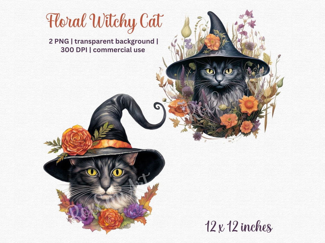 Whimsy Black Cat With Witch Hat Clipart - Dark Botanical Art - Free ...